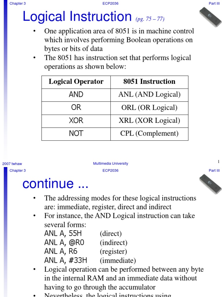 Logical Operator 8051 Instruction | PDF | Subroutine | Assembly Language