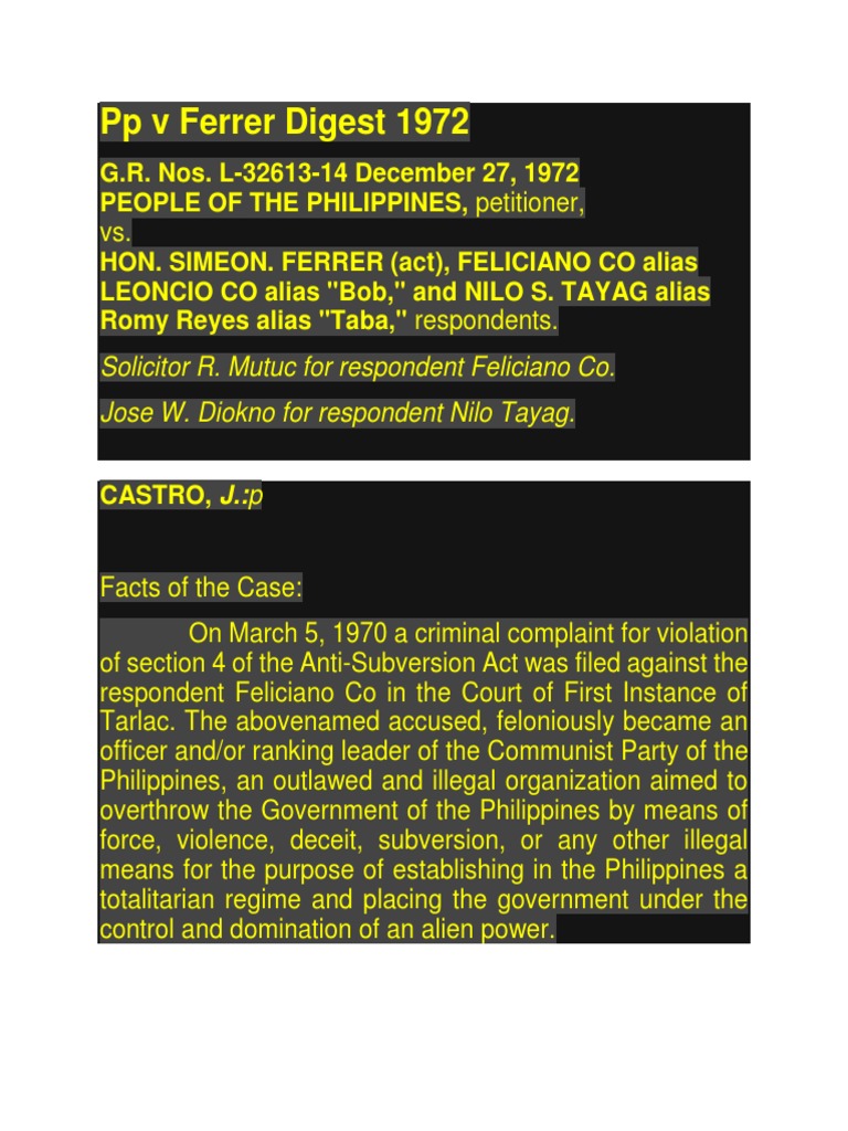 PP V Ferrer Digest 1972: Solicitor R. Mutuc For Respondent Feliciano Co ...