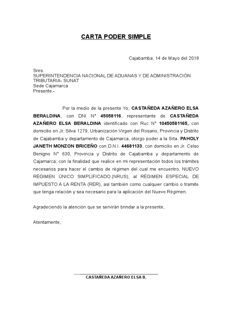 Carta Poder Sunat - Tramite | PDF | Gobierno y personalidad | Business