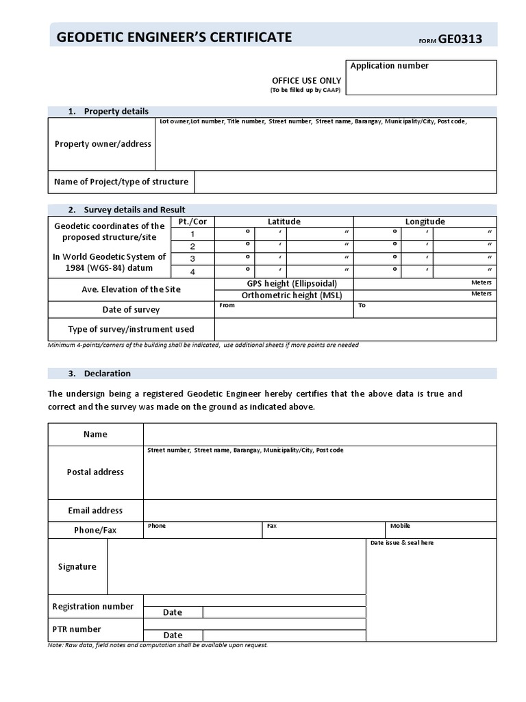 Geodetic Engineer Certificate Form Ge0313 PDF | PDF | Geodesy ...