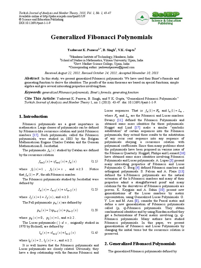 Generalized Fibonacci Polynomials | Download Free PDF | Recurrence Relation | Polynomial