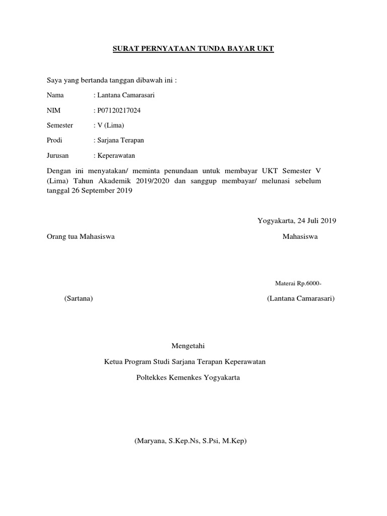 Surat Pernyataan Tunda Bayar Ukt | PDF