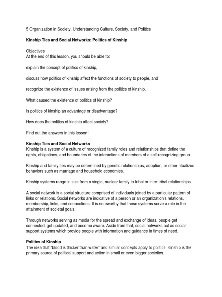 Politics of Kinship in Filipino Society | PDF | Kinship | Social Network