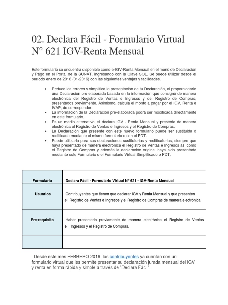 Declara Fácil - Formulario Virtual #621 IGV-Renta Mensual | PDF ...