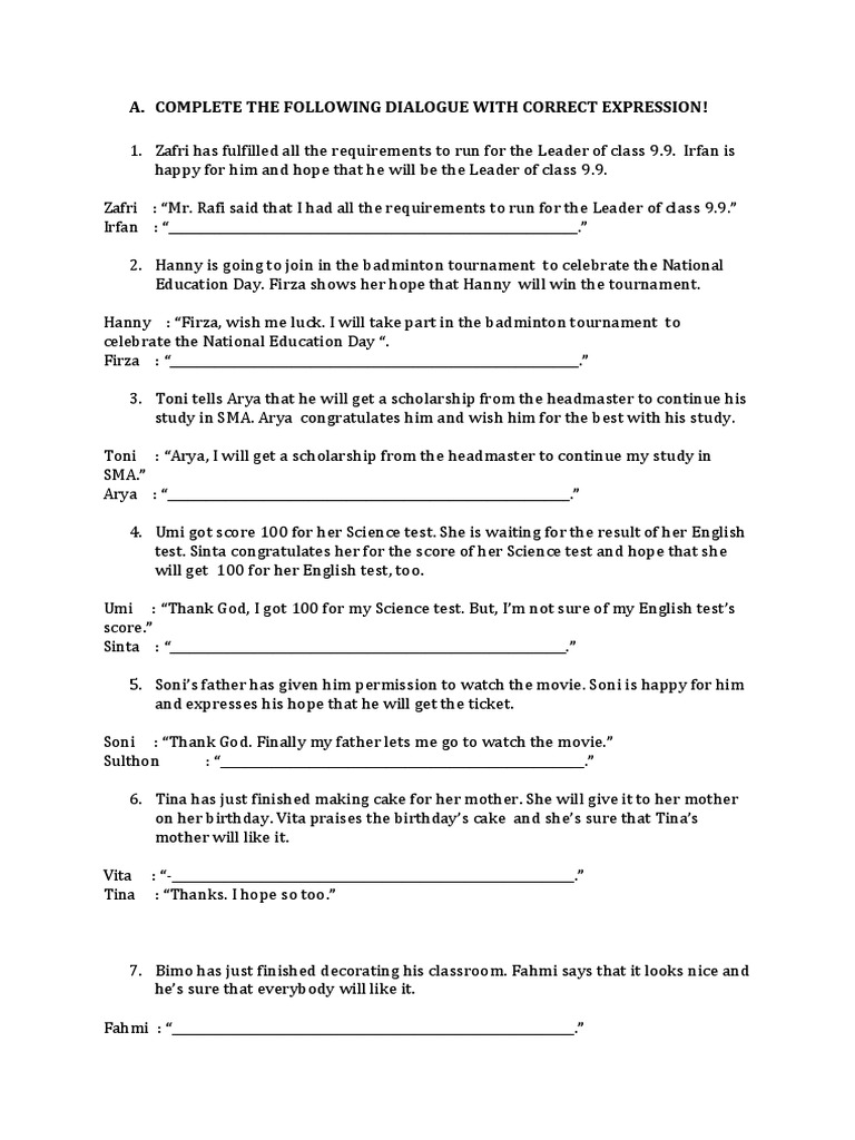 A. Complete The Following Dialogue With Correct Expression! | PDF