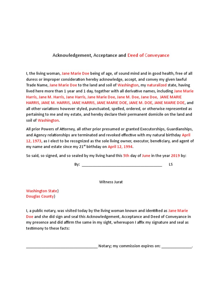 Example Deed of Conveyance | PDF | Notary Public | Signature