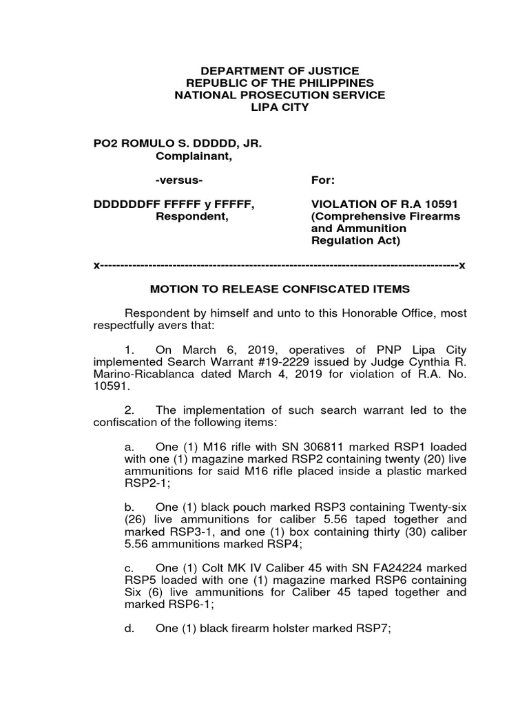 Motion To Release Confiscated Items | PDF | Firearms | Projectile Weapons