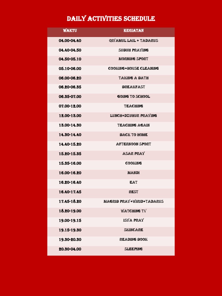 Daily Activity Schedule Breakdown | PDF