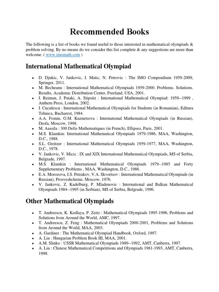 Recommended Books: International Mathematical Olympiad | PDF | Combinatorics | Geometry