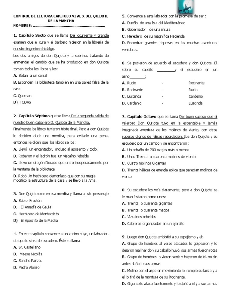 Evaluación Quijote de La Mancha Capitulo I Al V | PDF | Don Quijote