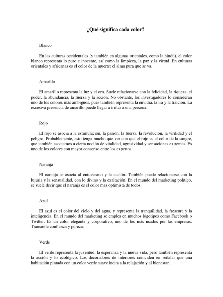 ¿Que Significa Cada Color? | PDF | Amarillo | Color