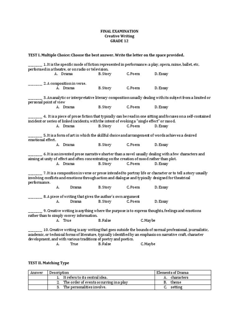 Creative Writing Final Exam | PDF | Narrative | Essays