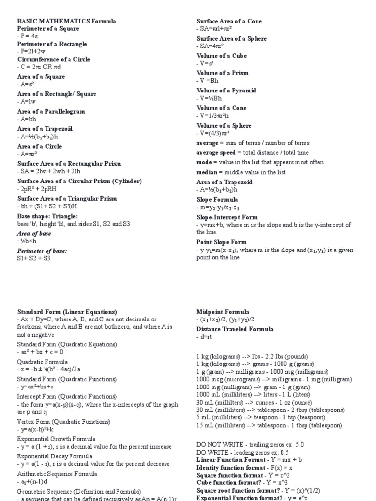 Basic Math Formula | PDF | Area | Volume
