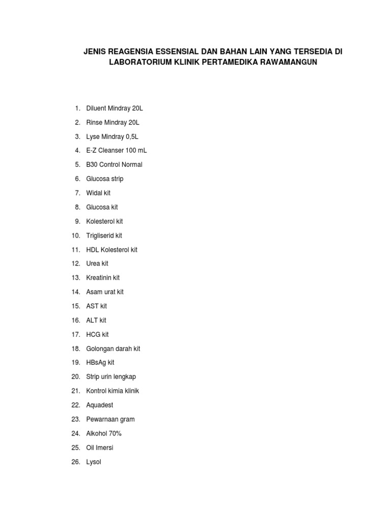 Jenis Reagensia Essensial Dan Bahan Lain Yang Tersedia Di Laboratorium ...