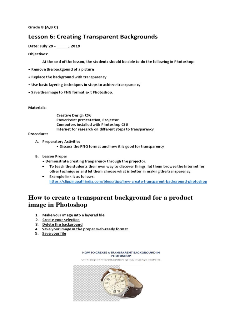 Lesson 6: Creating Transparent Backgrounds: Grade 8 (A, B C) | PDF ...