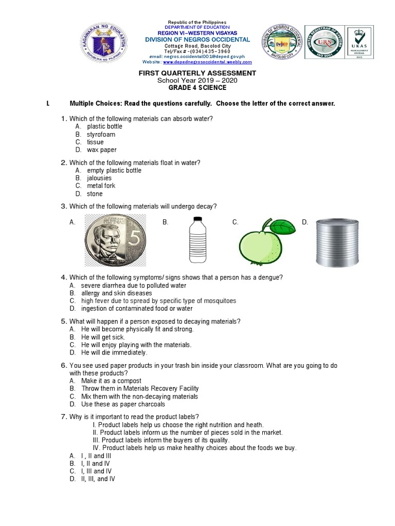 Grade 4 Science Quarterly Exam 2020 | PDF | Plastic | Water