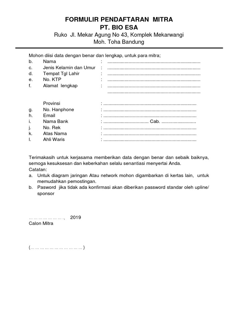 Formulir Pendaftaran Mitra | PDF