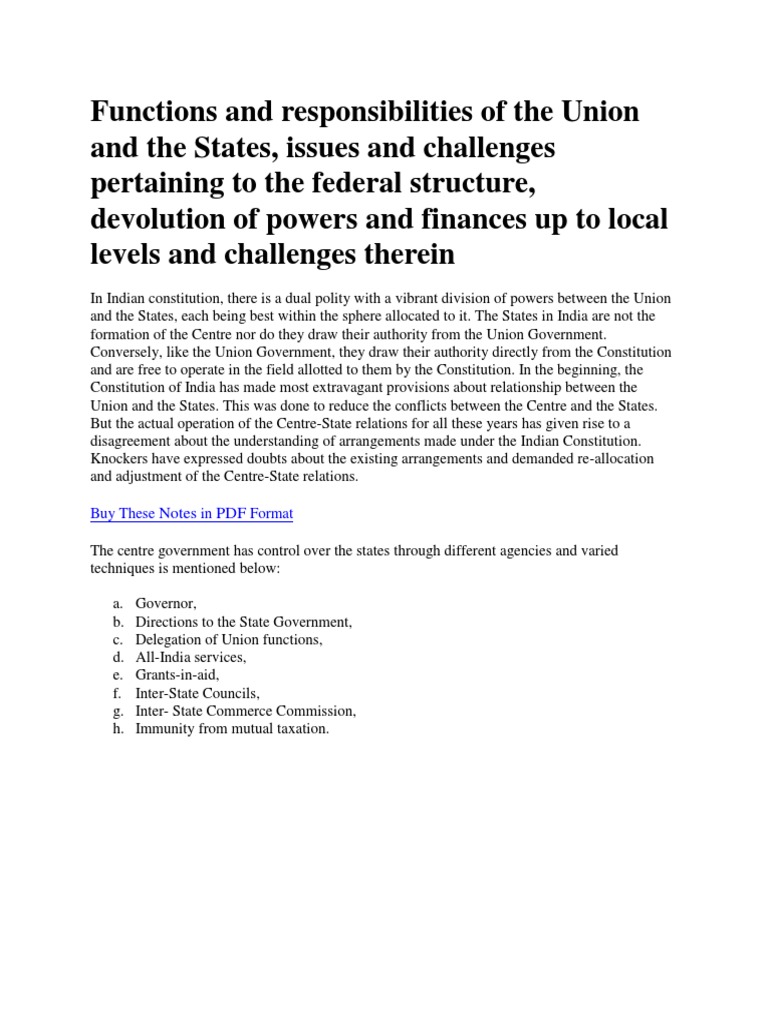 Functions and Responsibilities of The Union and The States | PDF ...