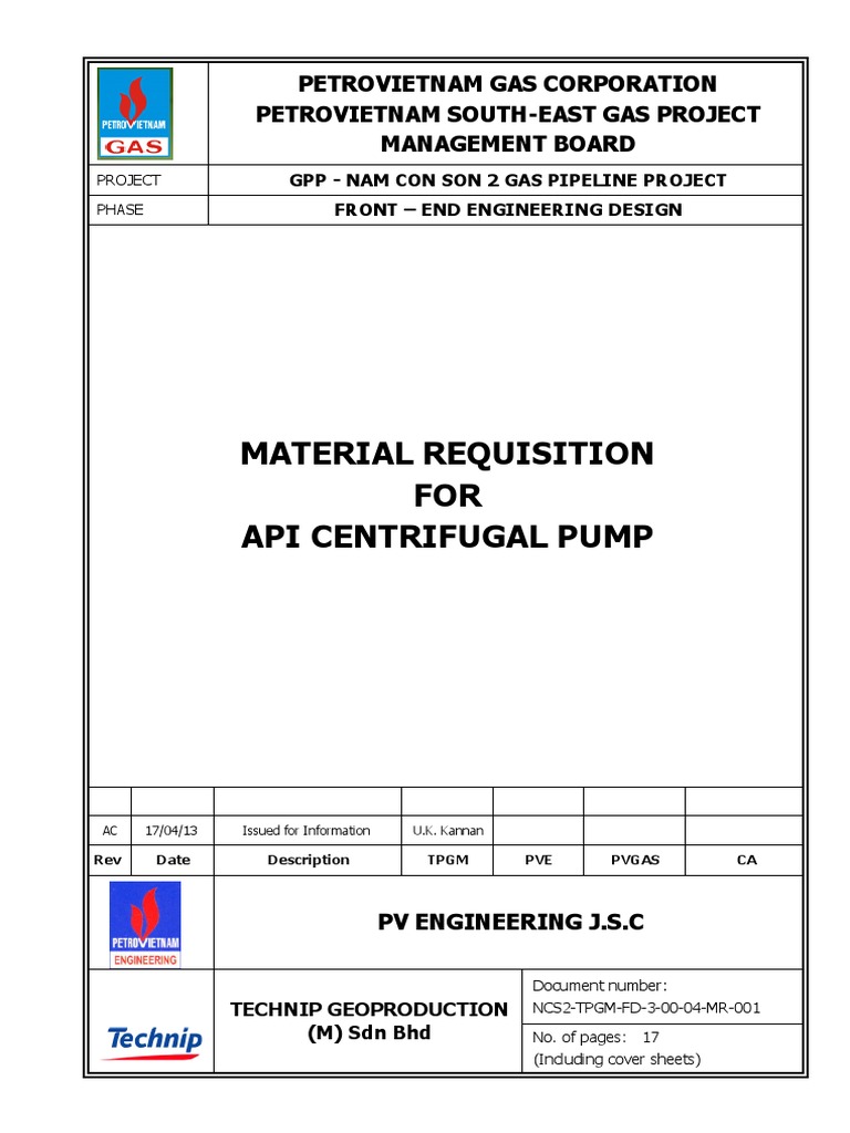 Material Requirement for an API Centrifugal Pump in the Nam Con Son 2 ...