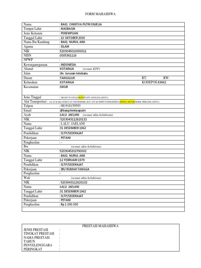 Form Mahasiswa | PDF