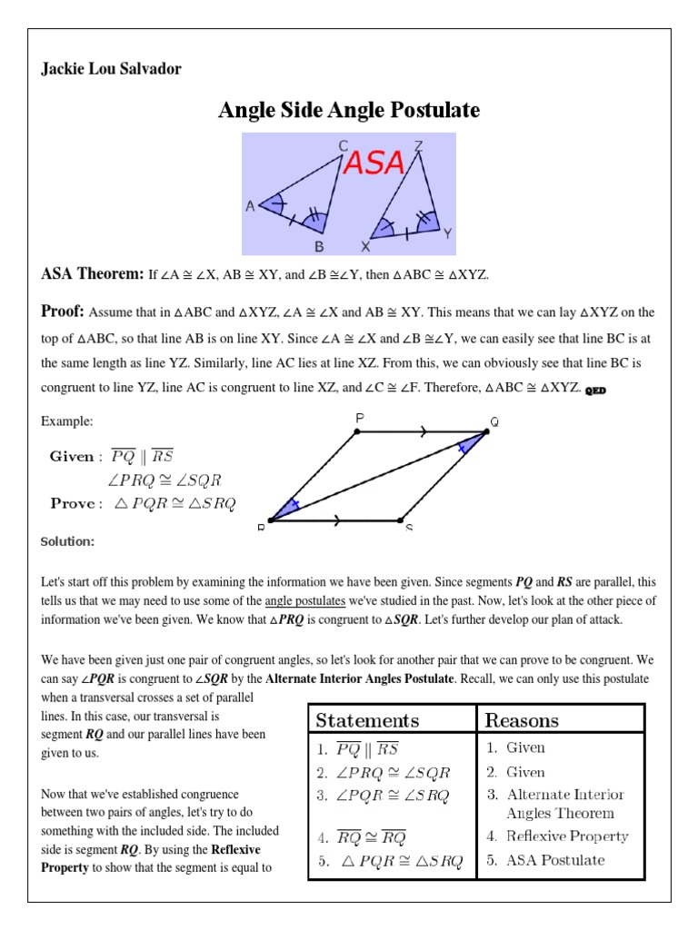 Proof of the Angle-Side-Angle Congruence Theorem | PDF | Euclidean ...
