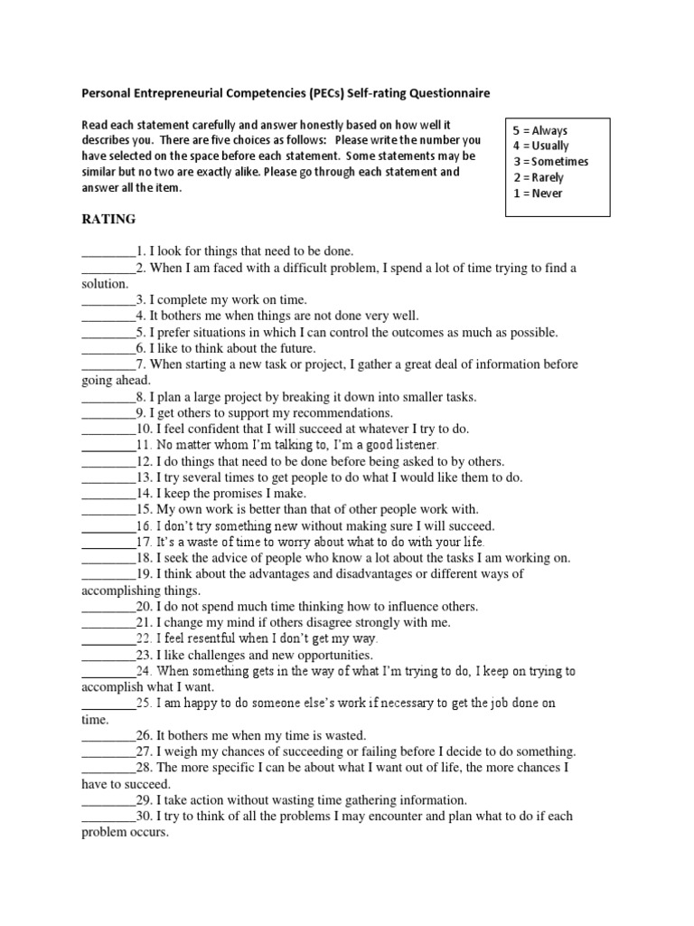 Personal Entrepreneurial Competencies (Pecs) Self-Rating Questionnaire | PDF | Entrepreneurship ...