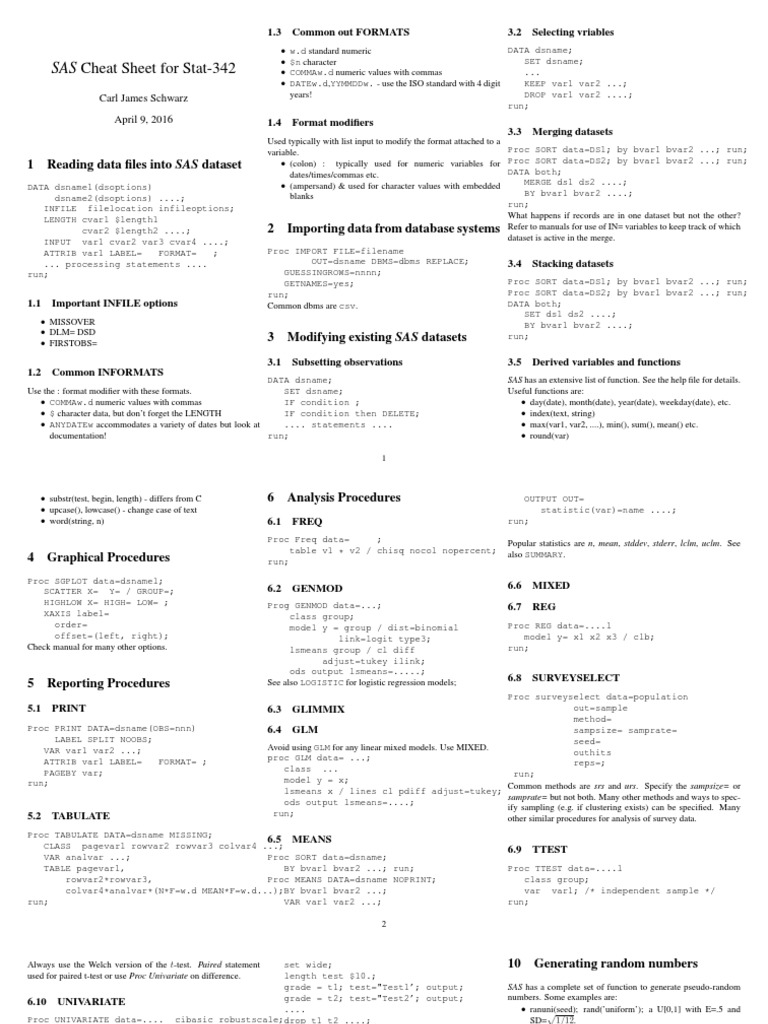 Sas Cheat Sheet | PDF | Sas (Software) | Bootstrapping (Statistics)