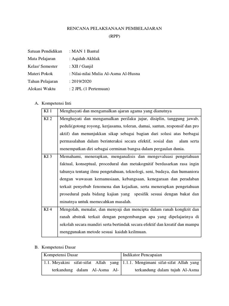 RPP PLP Akidah Akhlak Kelas Xii Nia | PDF