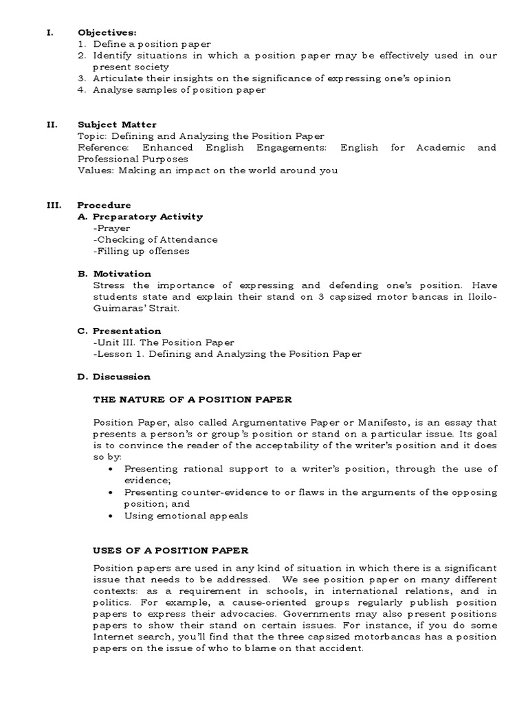 Lesson 1. Defining and Analyzing The Position Paper | PDF | Writers ...