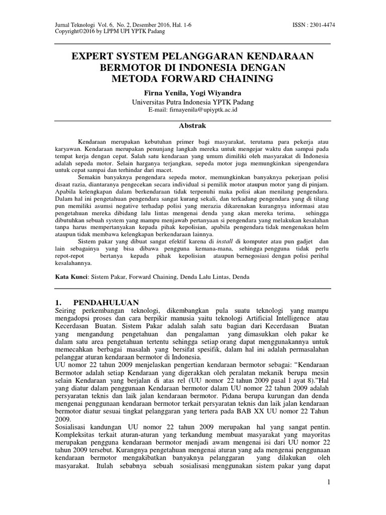 Sistem Pakar Pelanggaran Kendaraan Bermotor Dengan Metode Forward ...