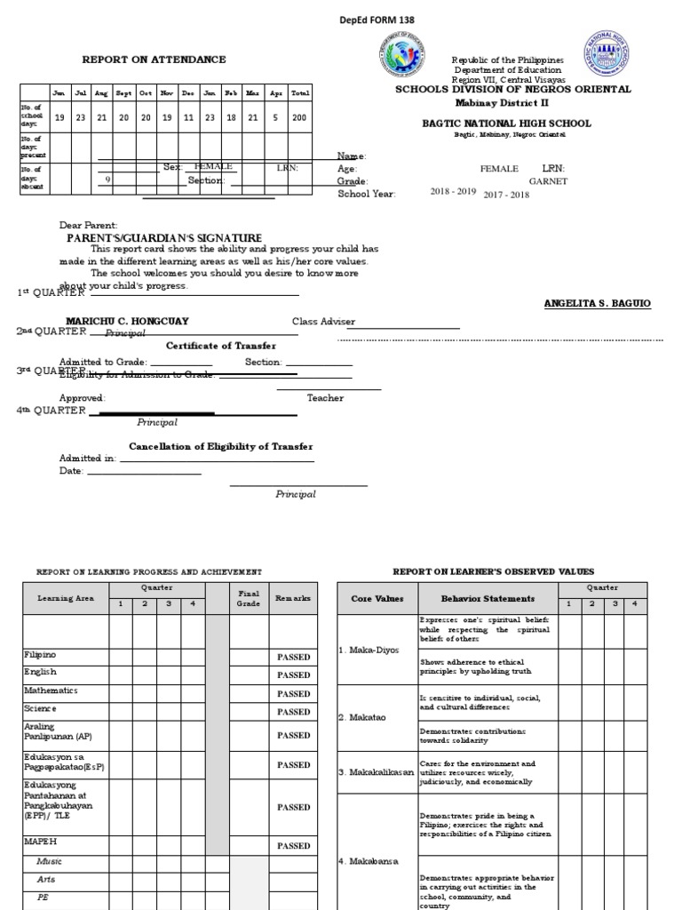DepEd FORM 138 Report | PDF | Value (Ethics) | Learning