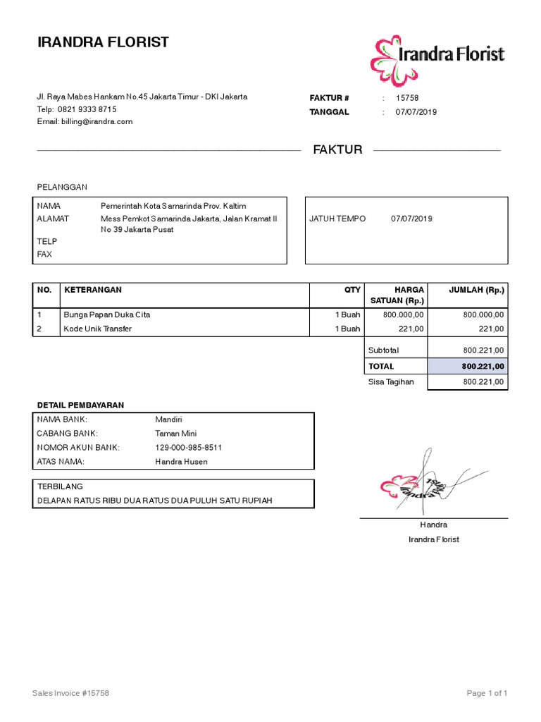 Contoh FAKTUR Pesanan BUNGA | PDF