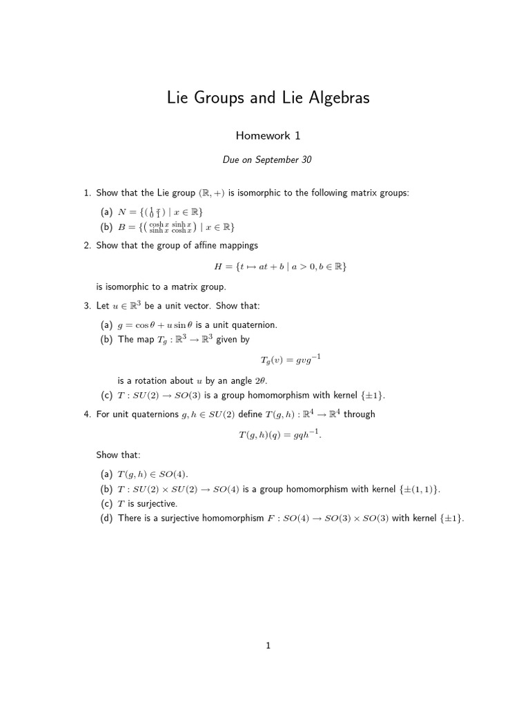 Lie Groups and Lie Algebras: Homework 1 | PDF
