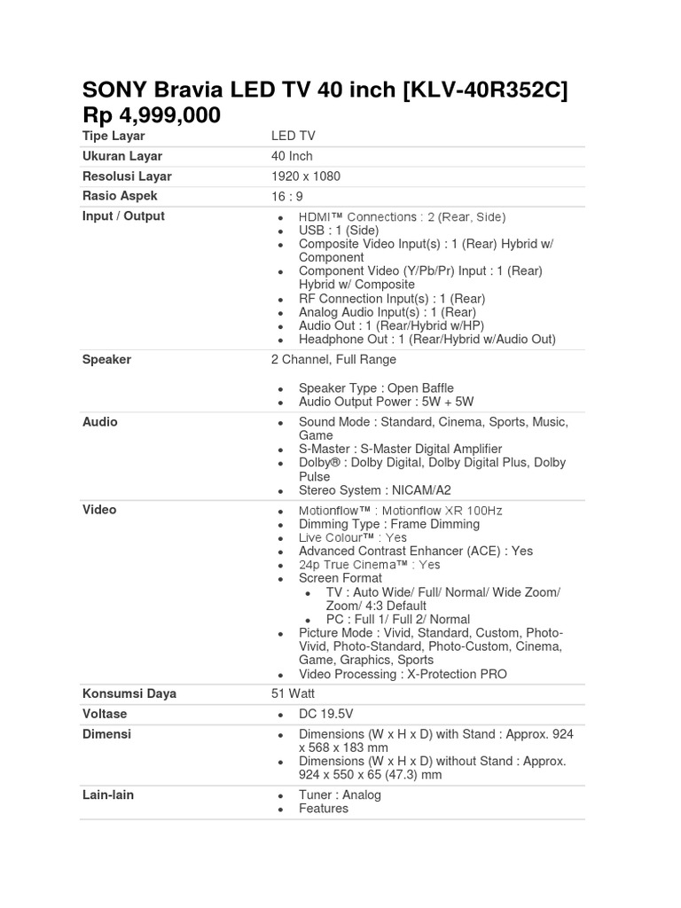 SONY Bravia LED TV 40 Inch (KLV-40R352C) RP 4,999,000: Tipe Layar ...
