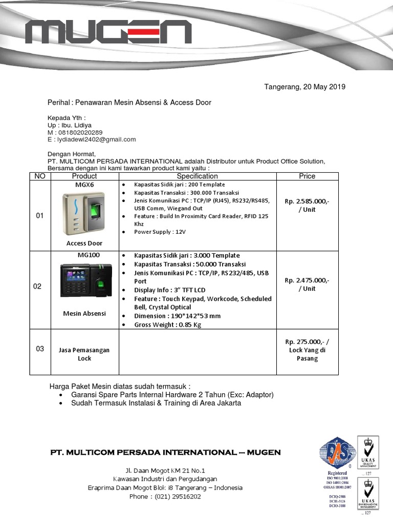 PENAWARAN Mesin Absensi & Access Door Mugen | PDF