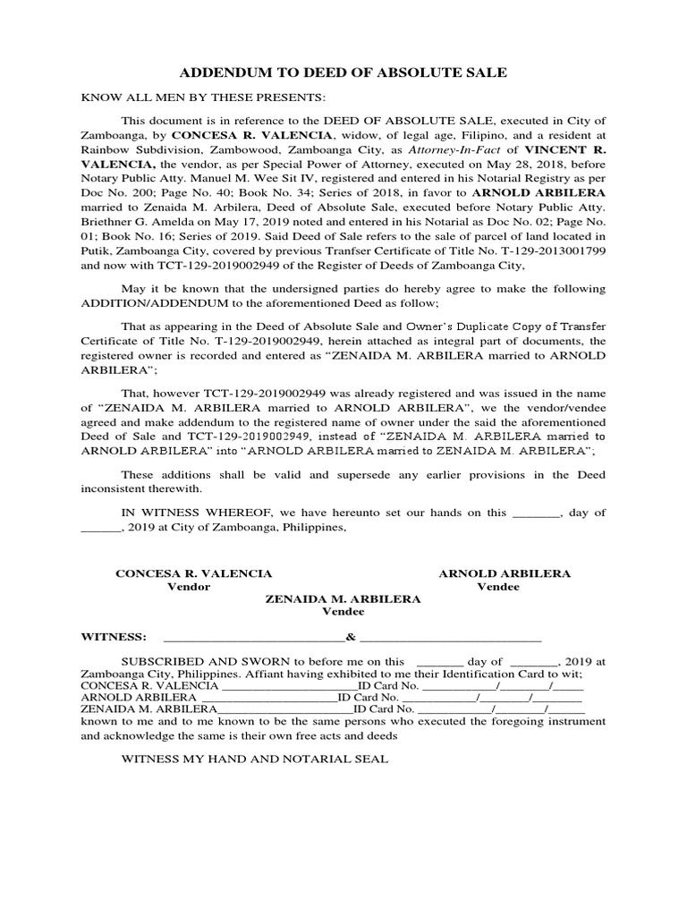 Addendum To Deed of Absolute Sale-Zenar | PDF | Civil Law (Legal System ...