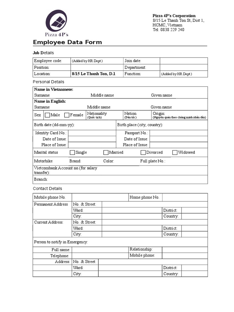 Employee Data Form: Pizza 4P's Corporation | PDF | Ho Chi Minh City ...