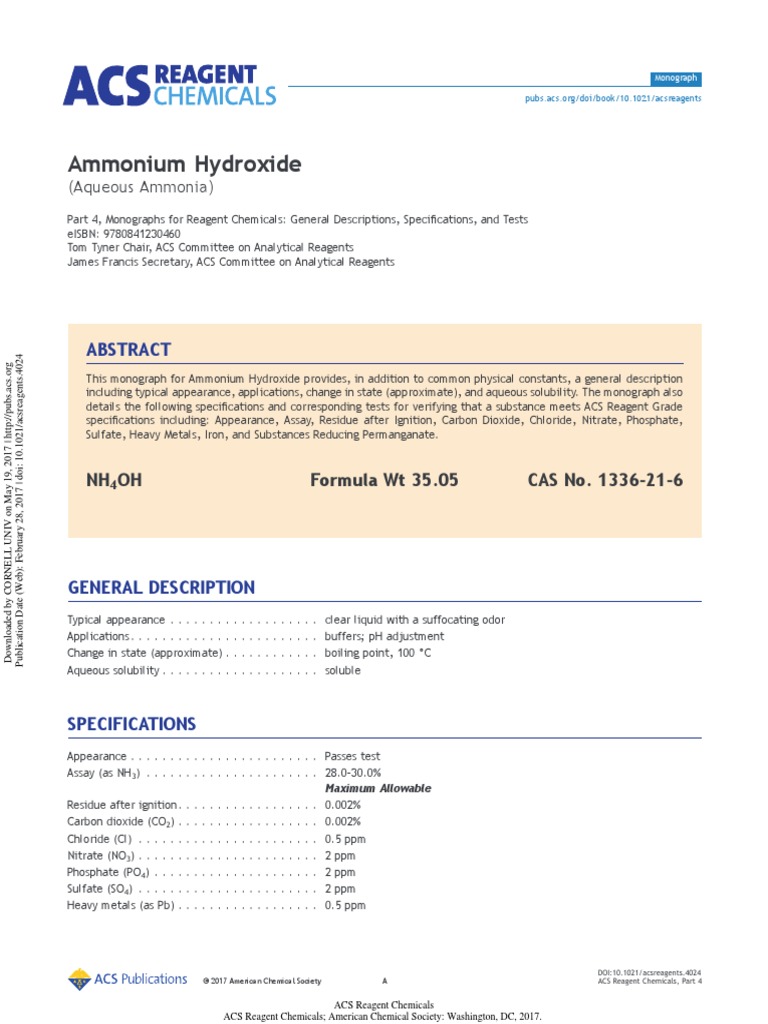 Ammonium Hydroxide: (Aqueous Ammonia) | PDF | Chemical Substances ...