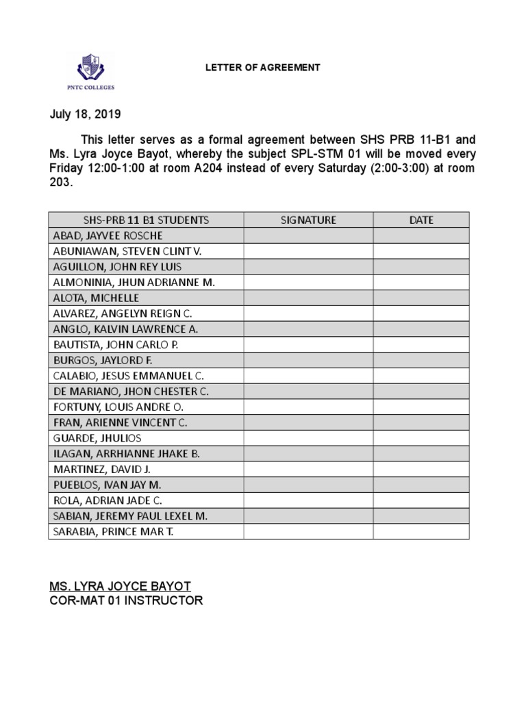 Sample Letter of Agreement | PDF