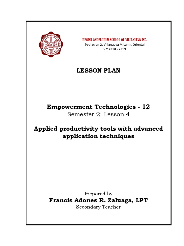 Lesson Plan - EmTech - 12 - Q3L4 - Applied Productivity Tools With ...