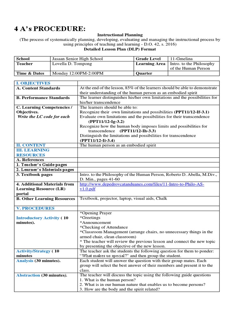 DLP 4A's-Aug. 5 | PDF | Teachers | Classroom Management