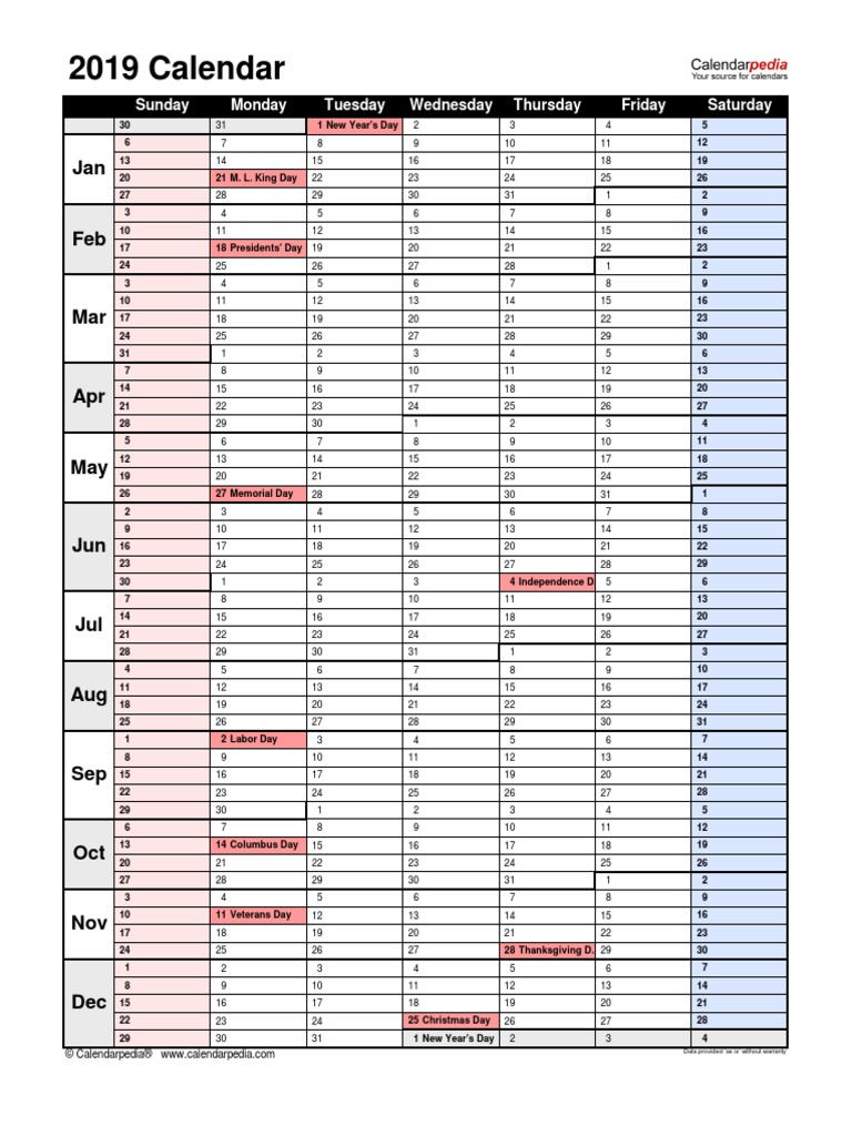 2019 Calendar: Saturday Sunday Tuesday Wednesday Thursday Friday Monday ...