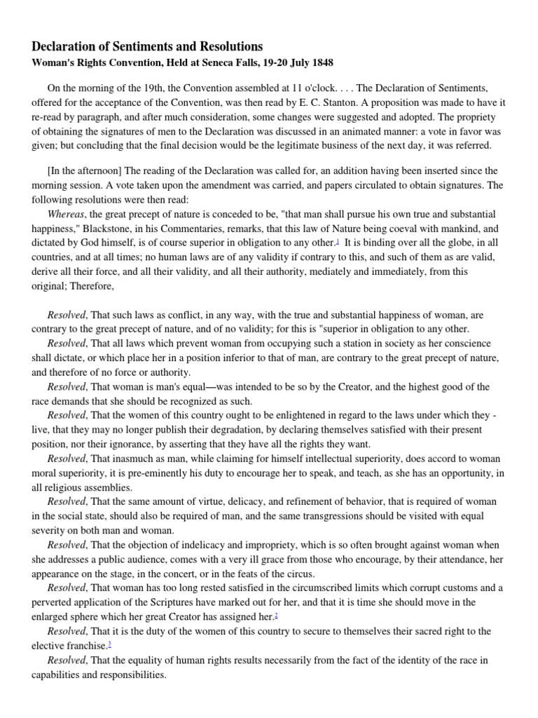 Declaration of Sentiments and Resolutions | Natural And Legal Rights ...
