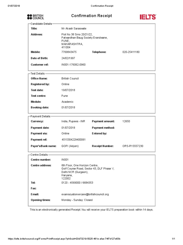 IELTS Akash Confirmation Receipt | PDF | Receipt | Payments