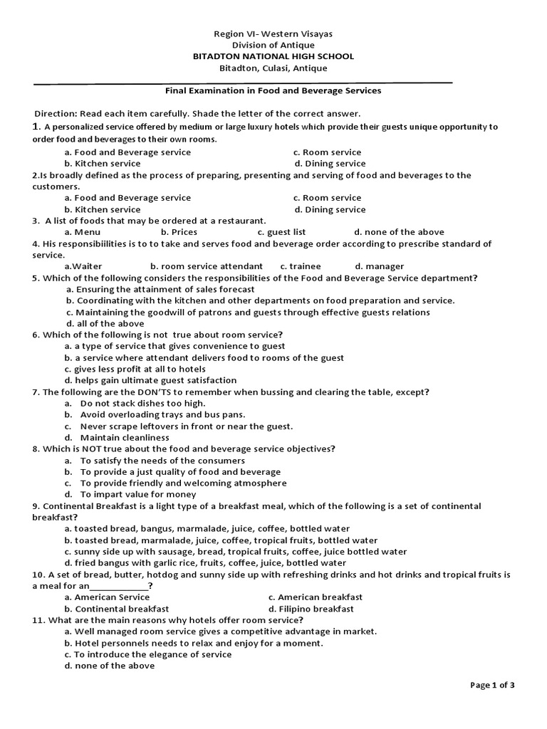 Food and Beverage Final Exam Guide | PDF | Food Intolerance | Foodservice