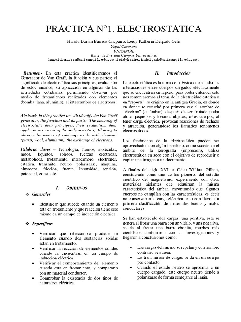 Informe 1 Practica Electrostatica | PDF | Electrostática | Electricidad