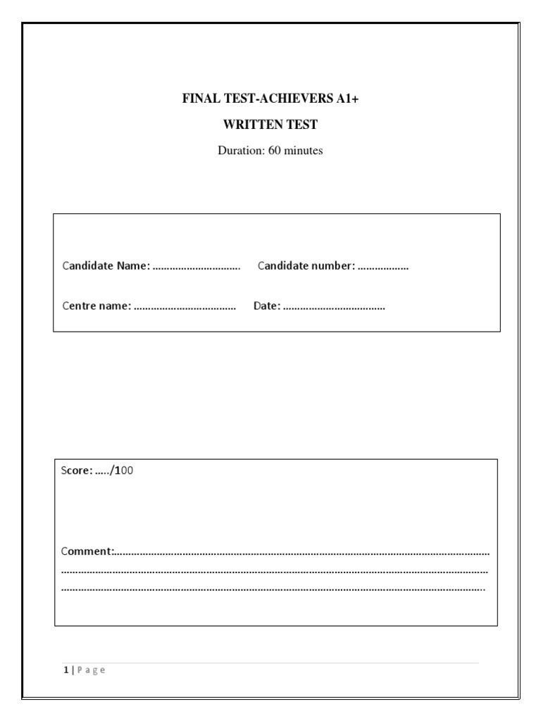 Final Test-Achievers A1+ Written Test | PDF | Homeschooling | Linguistics