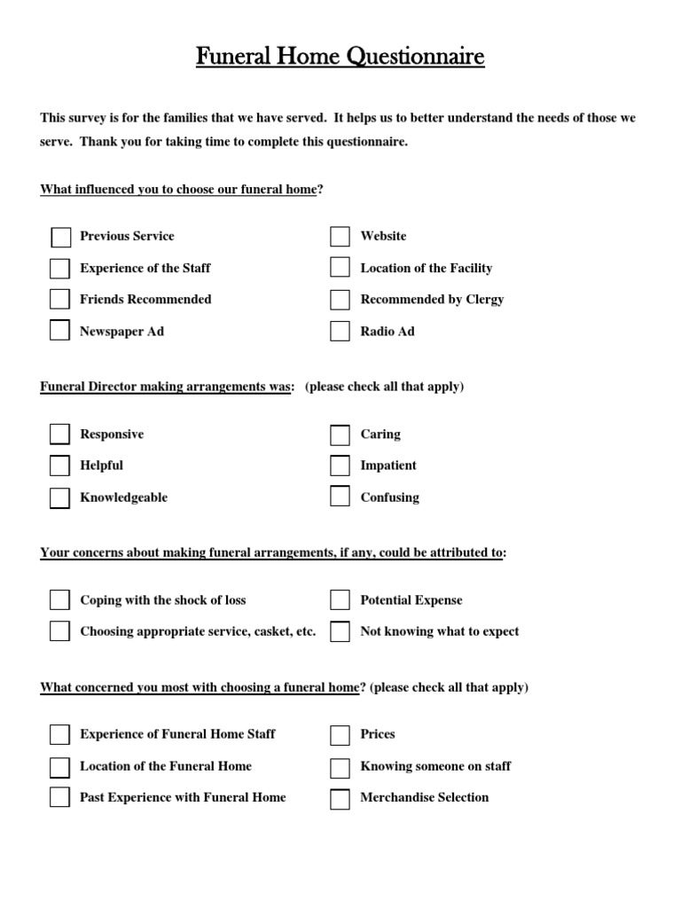 Funeral Home Questionnaire Fillable PDF | PDF