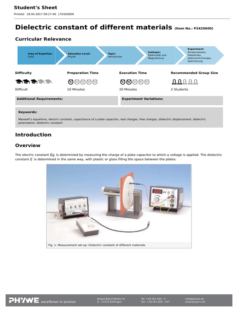 PHYWE Dielectric Constant of Different Materials | PDF | Dielectric ...
