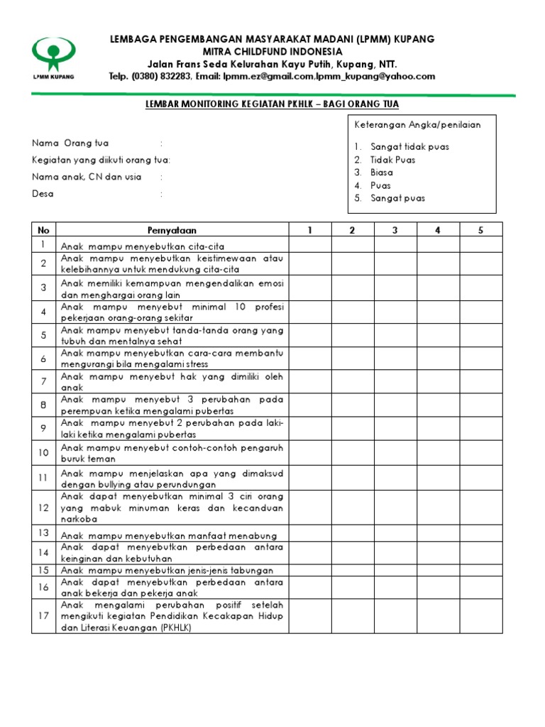 Lembar Monitoring Kegiatan Pkhlk-Anak | PDF